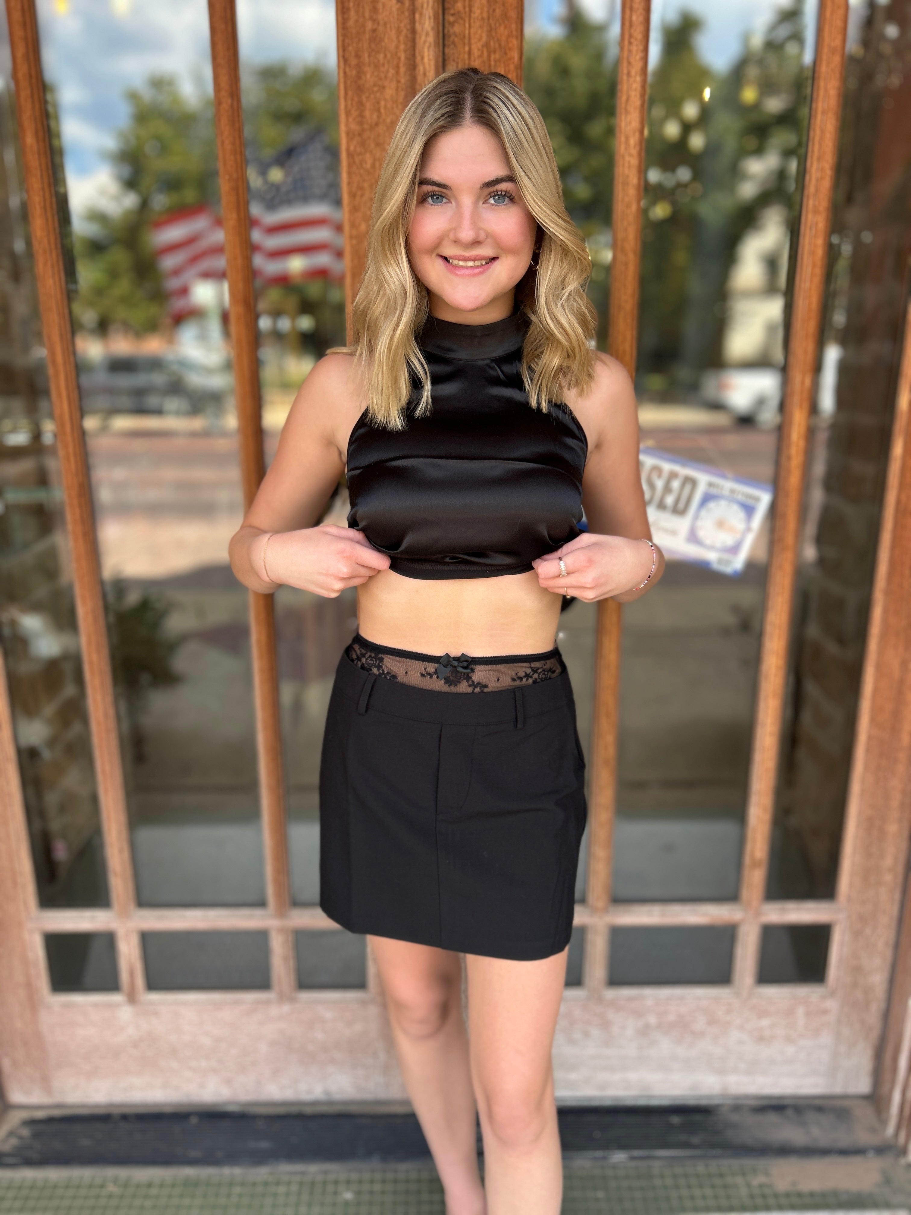 Mini Skirt Black Lace Contrast Waist – Bertie & Olif Boutique
